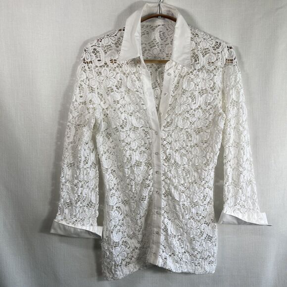 Anne Fontaine | Tops | Anne Fontaine White Sheer Stretch Lace Button Up ...